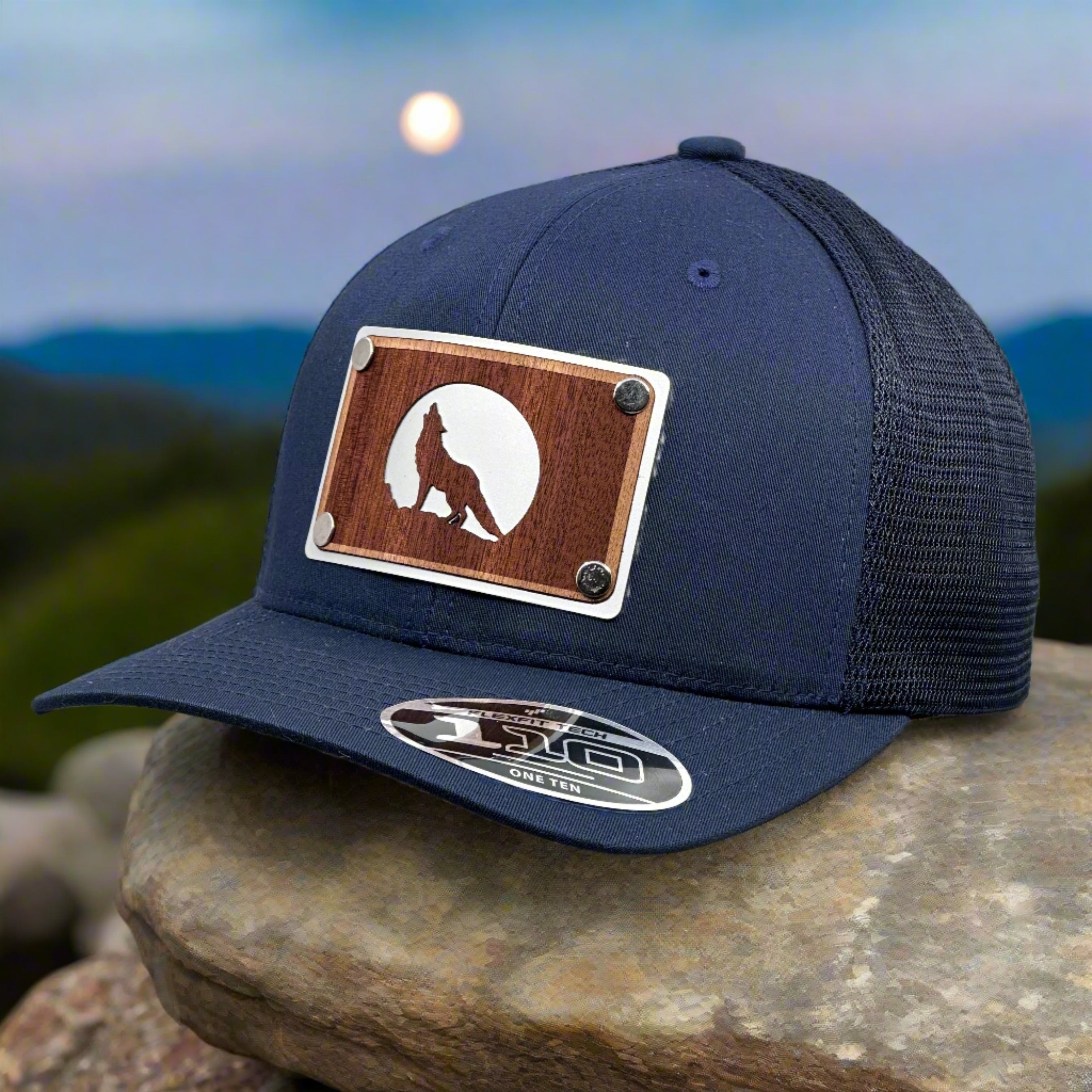 Mahogany Wolf and Silver Anodized Aluminum Plate Patch Trucker Hat ...